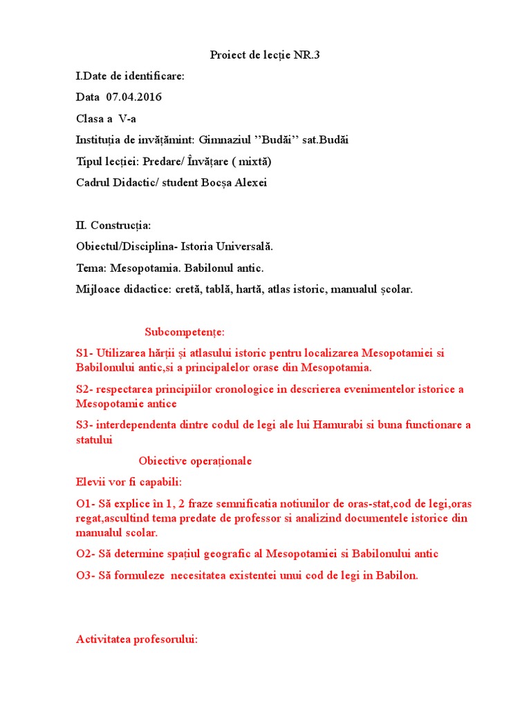 Proiect de Lectie - Clasa V - 3 | PDF