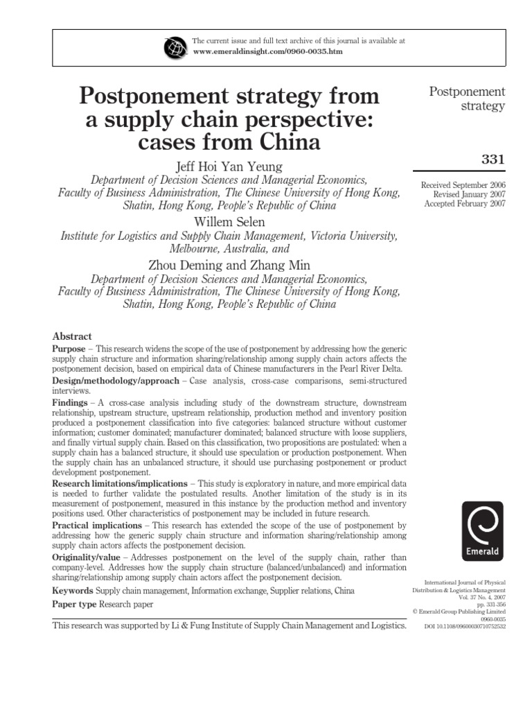 Postponement Strategy From A Supply Chain Perspective Pdf Supply
