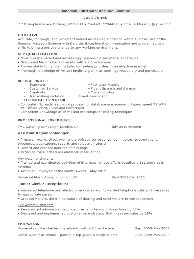 Jack Jones: Canadian Functional Resume Example | PDF