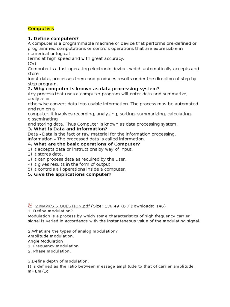 Computers 1. Define Computers?: 2 Marks & Question PDF | PDF | Modulation | Computer Network