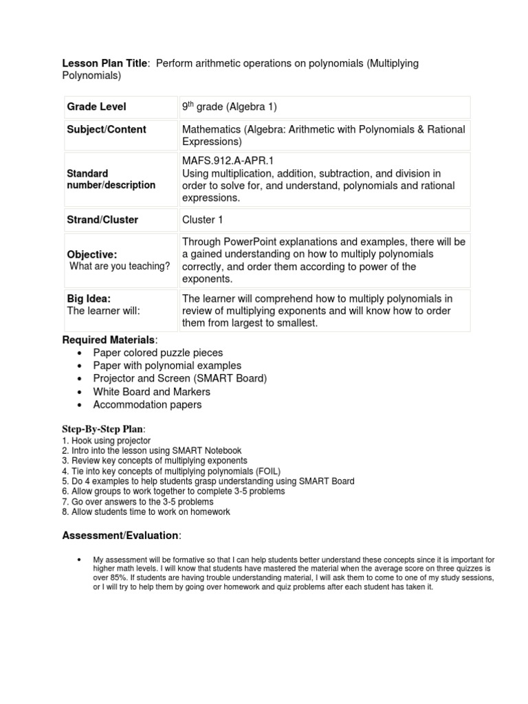 Mulitplying Polynomials Lesson Plan | PDF | Multiplication | Polynomial
