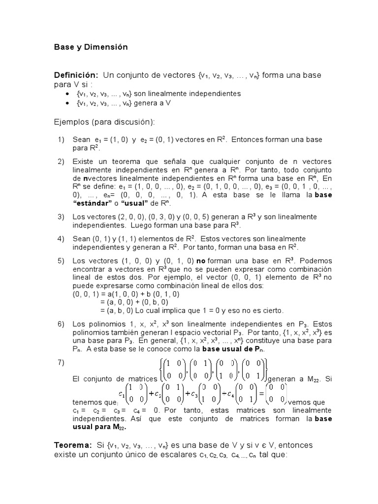 Base y Dimensión de Un Espacio Vectorial | PDF | Base (álgebra lineal ... Base y Dimensión de Un Espacio Vectorial | PDF | Base (álgebra lineal ...