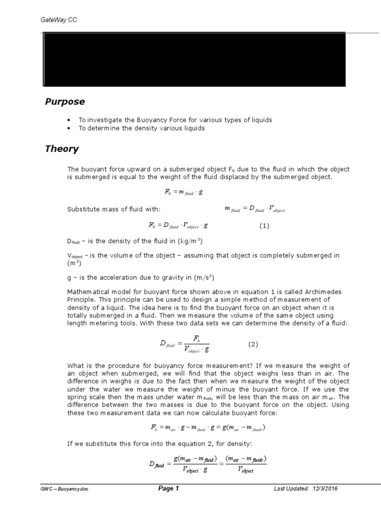 Buoyancy Force Archimede Principle Phy101 Physics Lab Pdf