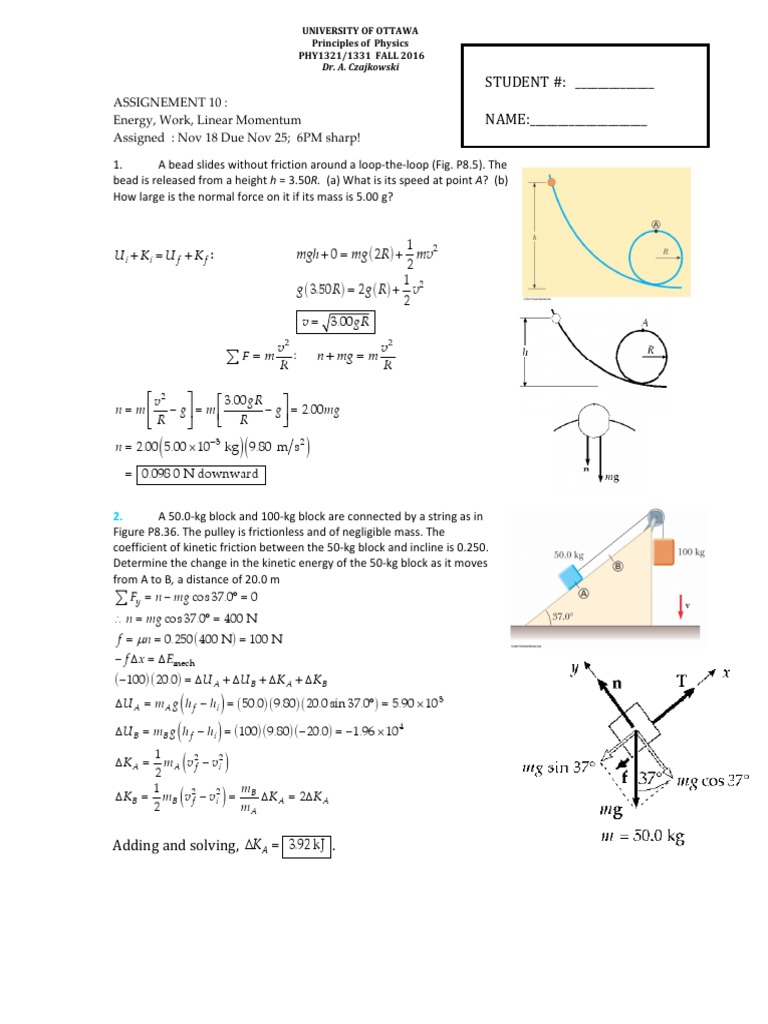 PHY1321 / PHY1331 - Assignment 10: Energy (Solutions) | PDF | Kinetic Energy | Friction