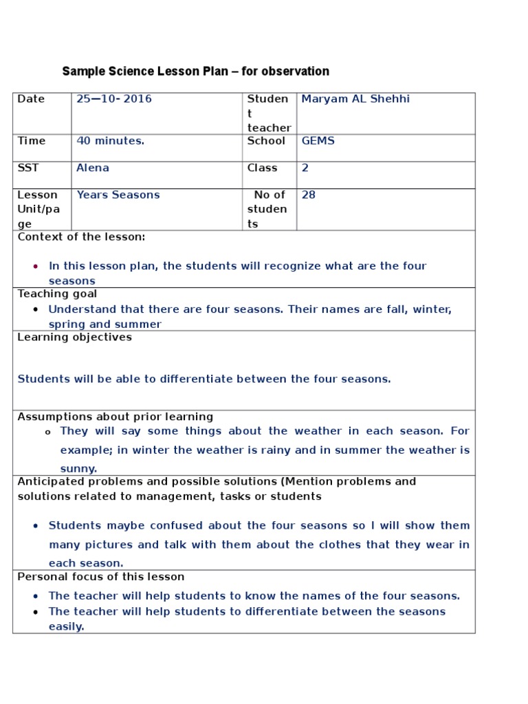 Sample Science Lesson Plan - For Observation | PDF | Lesson Plan ...