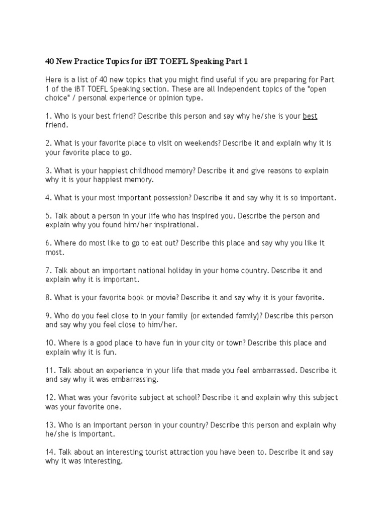 40 New Practice Topics For IBT TOEFL Speaking Part 1 | PDF | Cognitive ...