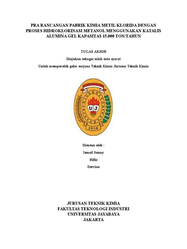 Pra Rancangan Pabrik Kimia Metil Klorida Dari Metanol Dan Hidrogen ...