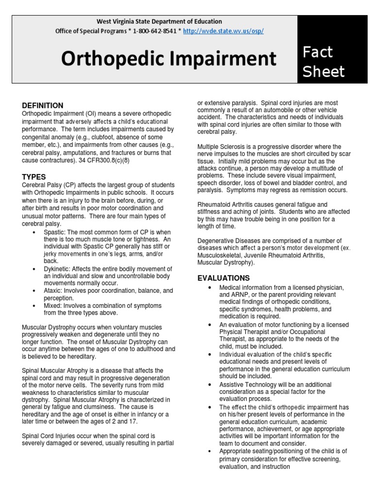 Fact Sheet Orthopedic Impairment | PDF | Cerebral Palsy | Spinal Cord ...