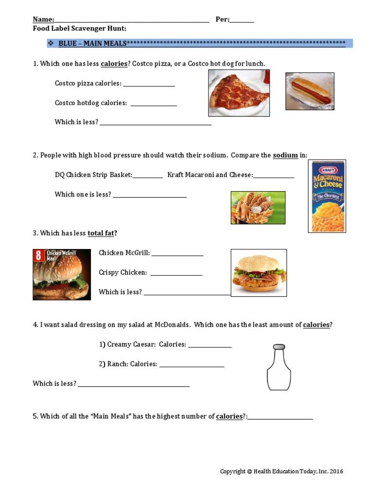 Food Label Scav Hunt Short Version | PDF | Salad | French Fries