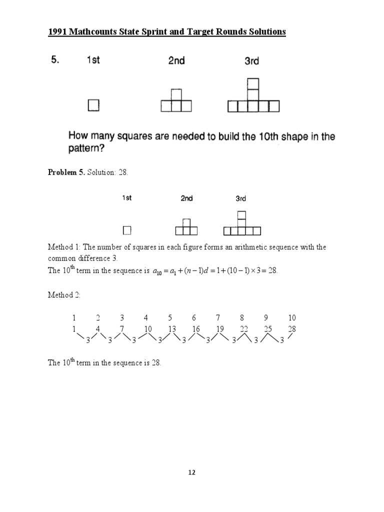 1991 Mathcounts State Sprint Solutions - Arithmetic Sequence Term | PDF