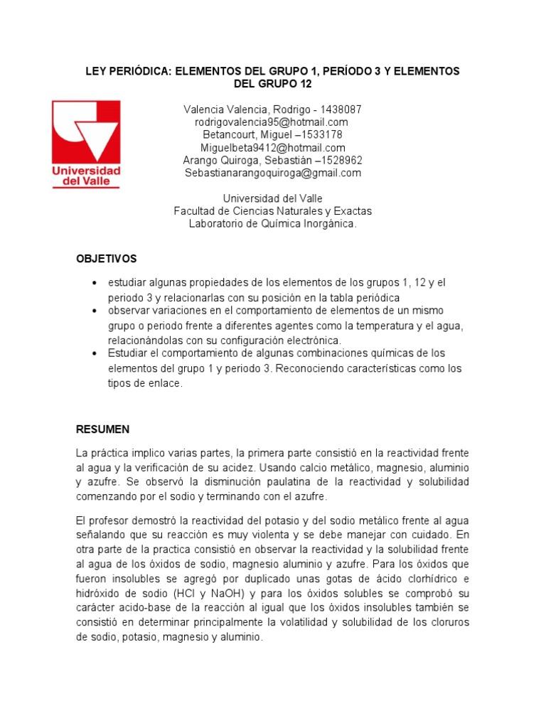 Ley Periodica: Elementos Del Grupo 1, Periodo 3 y Elementos Del Grupo ...