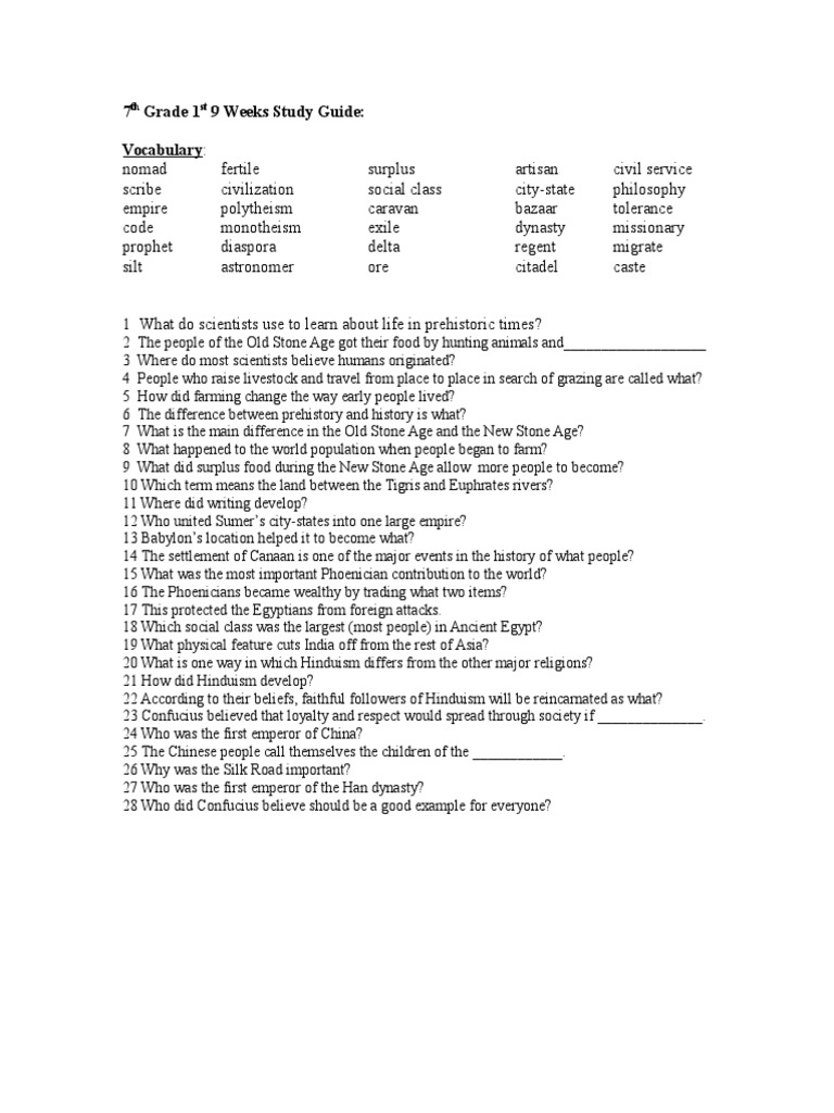 7th Grade 1st 9 Weeks Study Guide | PDF
