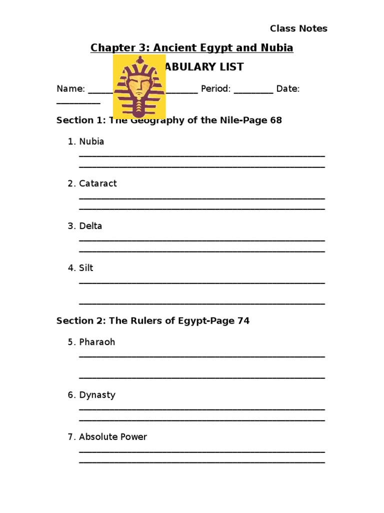 Chapter 3: Ancient Egypt and Nubia Vocabulary List: Class Notes | PDF ...