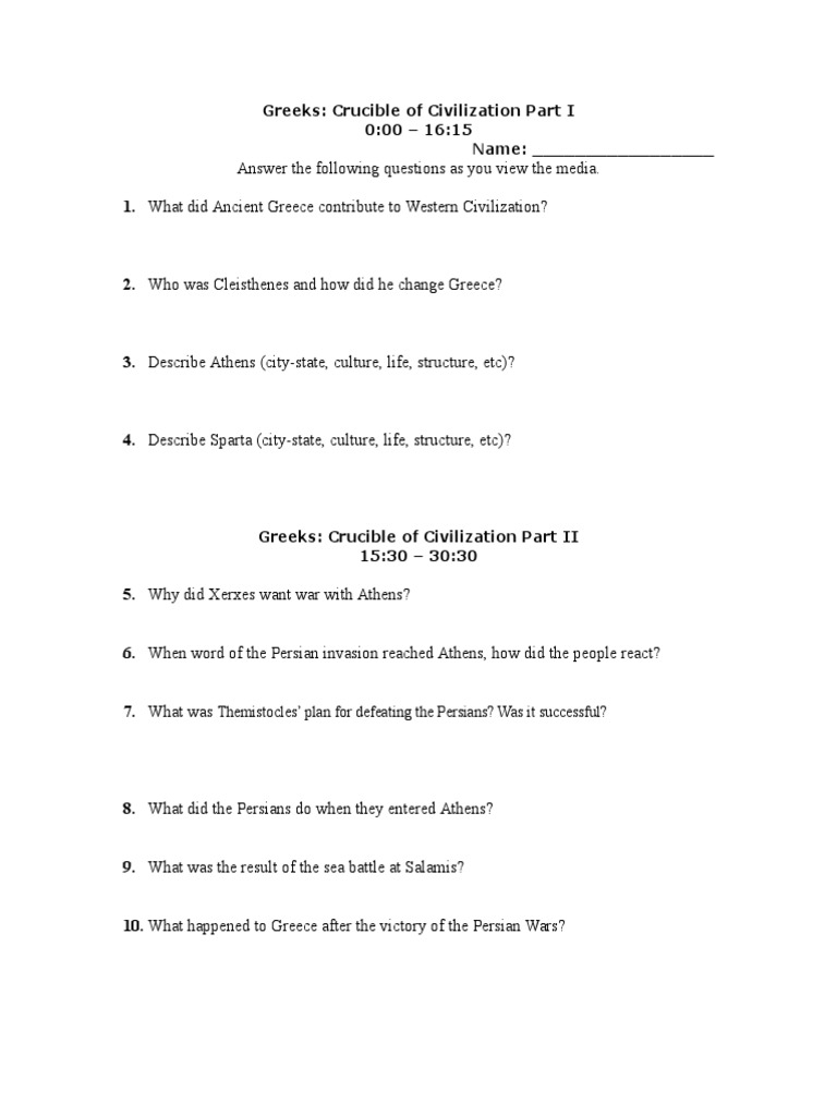 Greeks - Crucible of Civilization-Viewing Guide | PDF