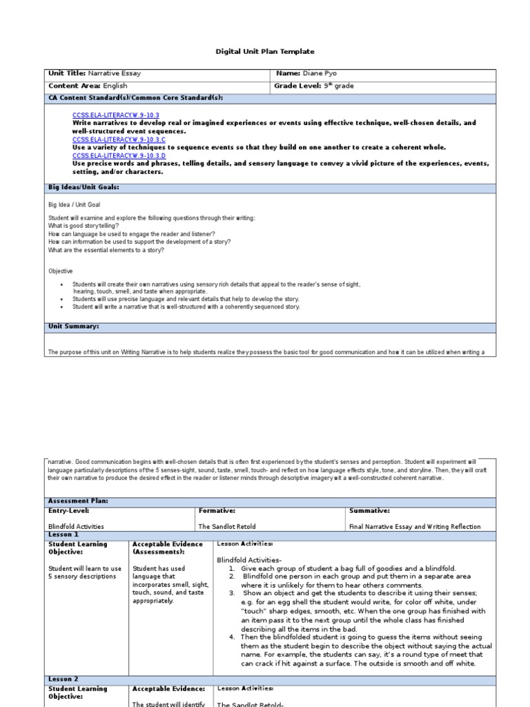9th Grade Narrative Essay Unit Plan | PDF | Narrative | Perception