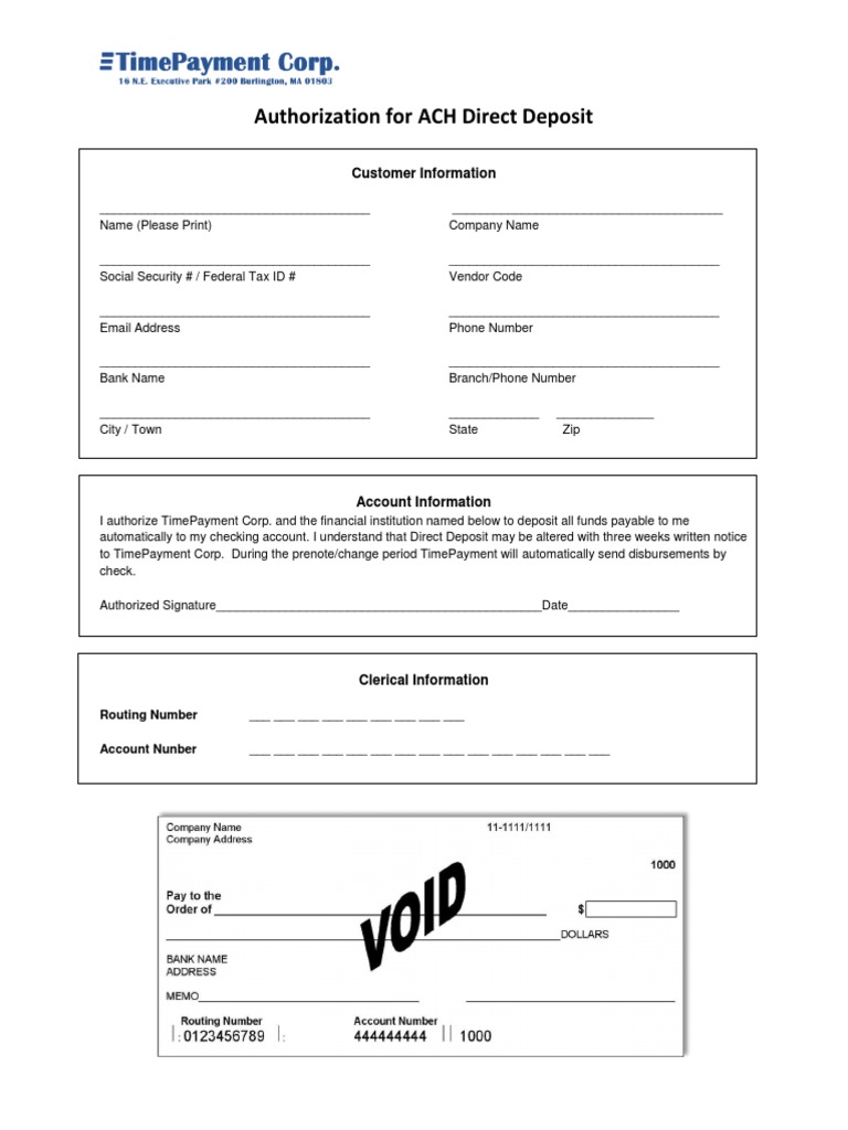 Ach Direct Deposit Authorization Form | PDF | Finance & Money Management