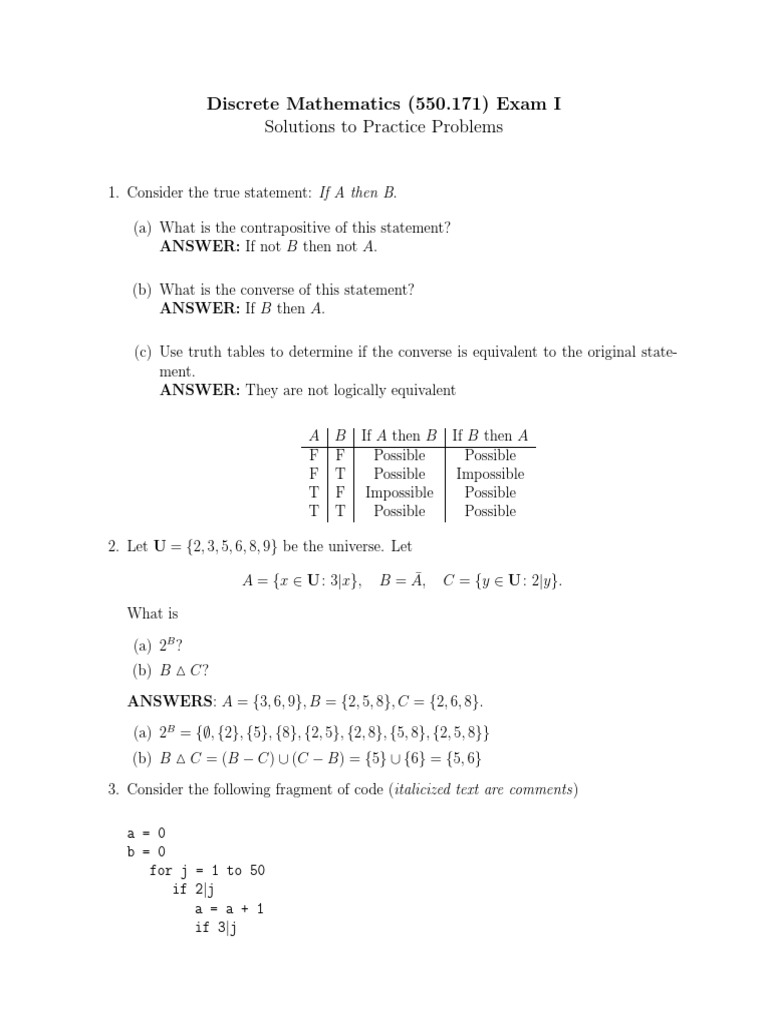 Discrete Mathematics (550.171) Exam I Solutions To Practice Problems | PDF | Discrete ...