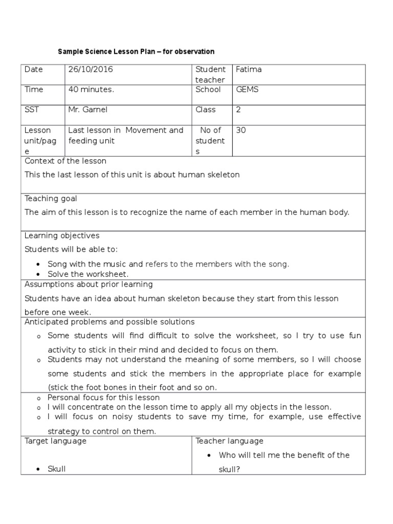Sample Science Lesson Plan - For Observation: Refers To The Members ...