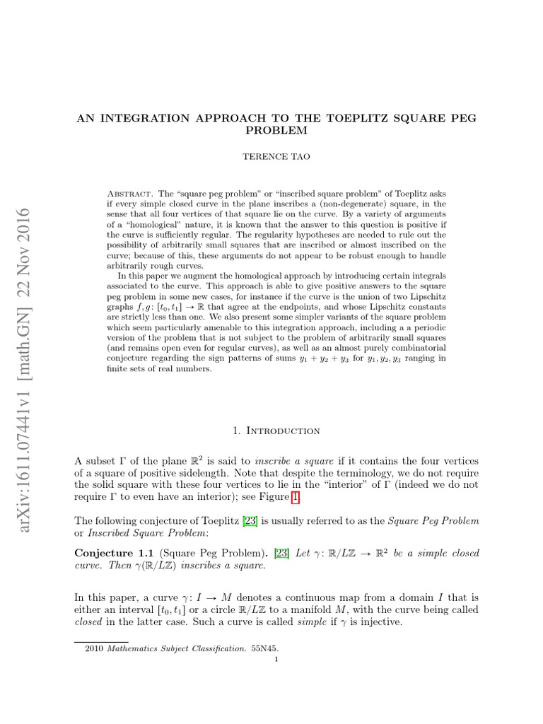 An Integration Approach To The Toeplitz Square Peg Problem Terence Tao (UCLA) | PDF ...