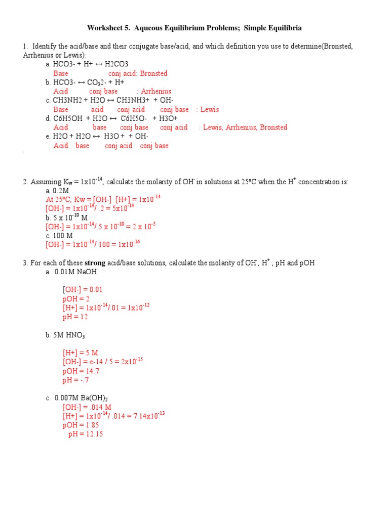 Worksheet 5. Aqueous Equilibrium Problems Simple Equilibria | PDF
