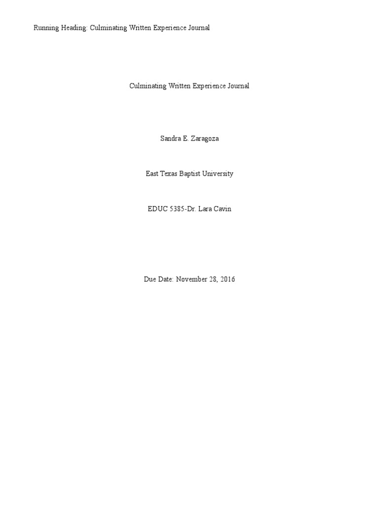 Running Heading: Culminating Written Experience Journal | PDF | Applied ...