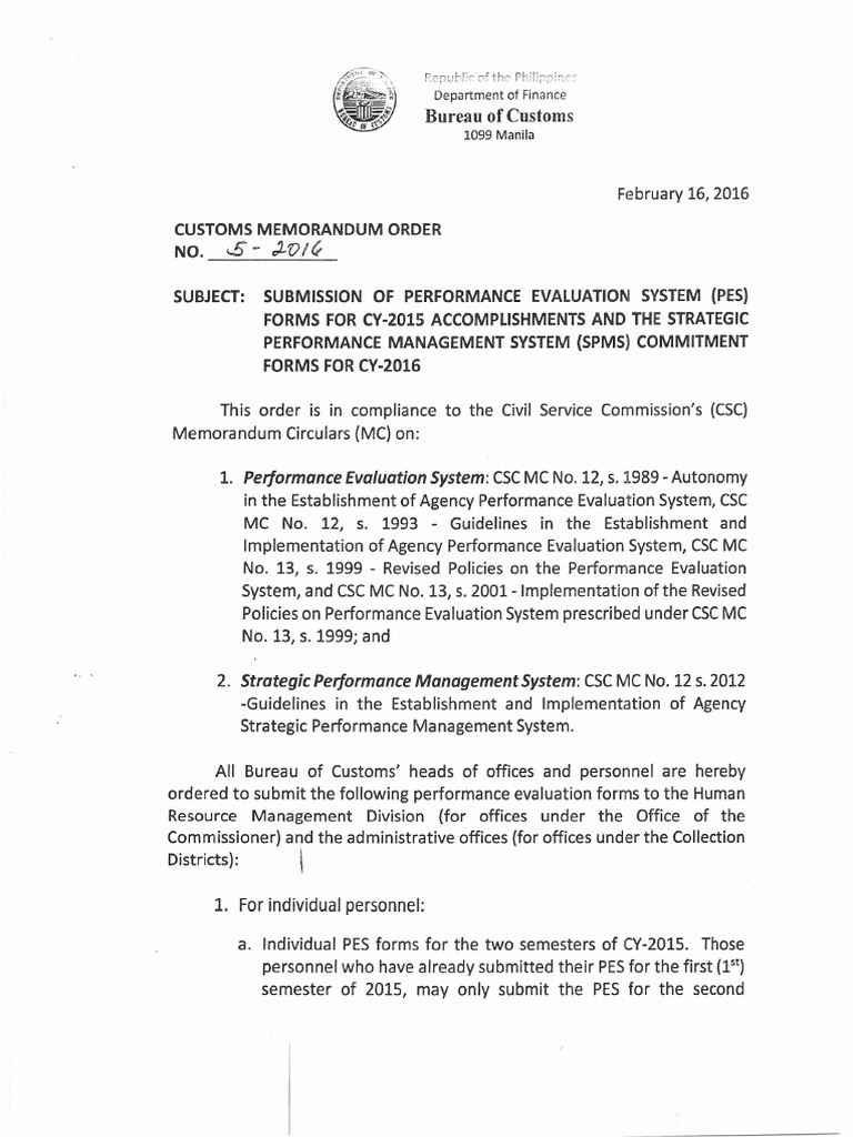 Cmo 5 2016 Submission of PES Forms For CY 2015 Accomplishments SPMS ...