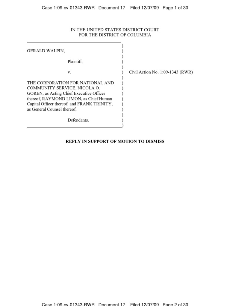 WALPIN V CNCS - 17 - Reply in Support of Motion To Dismiss Gov - Uscourts.dcd.137649.17.0 | PDF ...