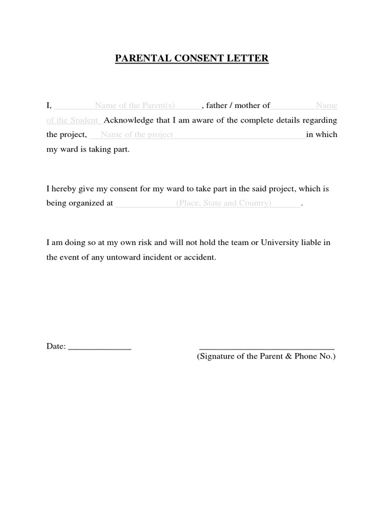 Parental Consent Letter: Name of The Parent(s) Name of The Student Name ...