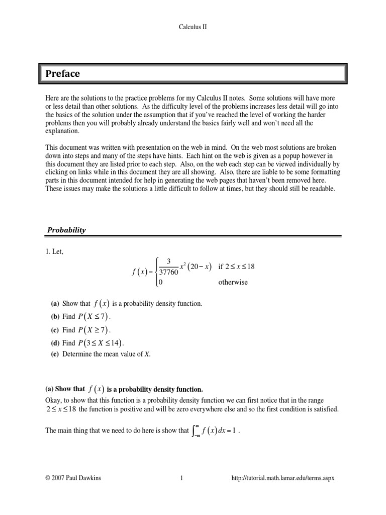 CalcII Probability Solutions | PDF | Integral | Probability Density Function