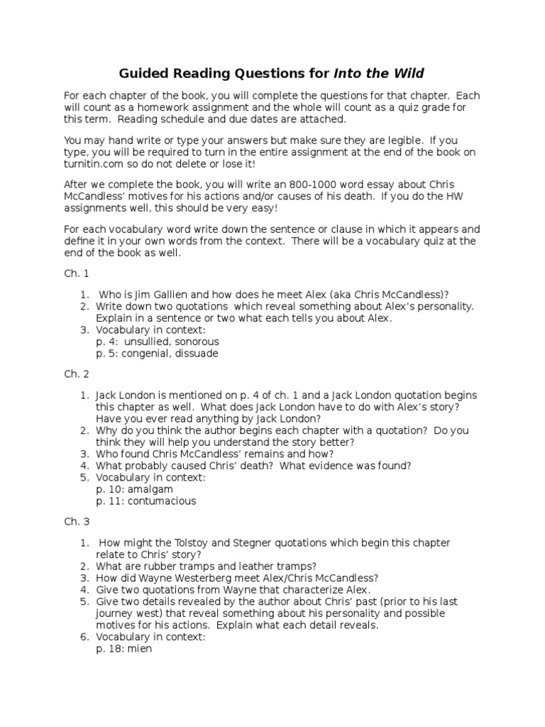 Guided Reading Questions For Into The Wild | Homework | Semiotics