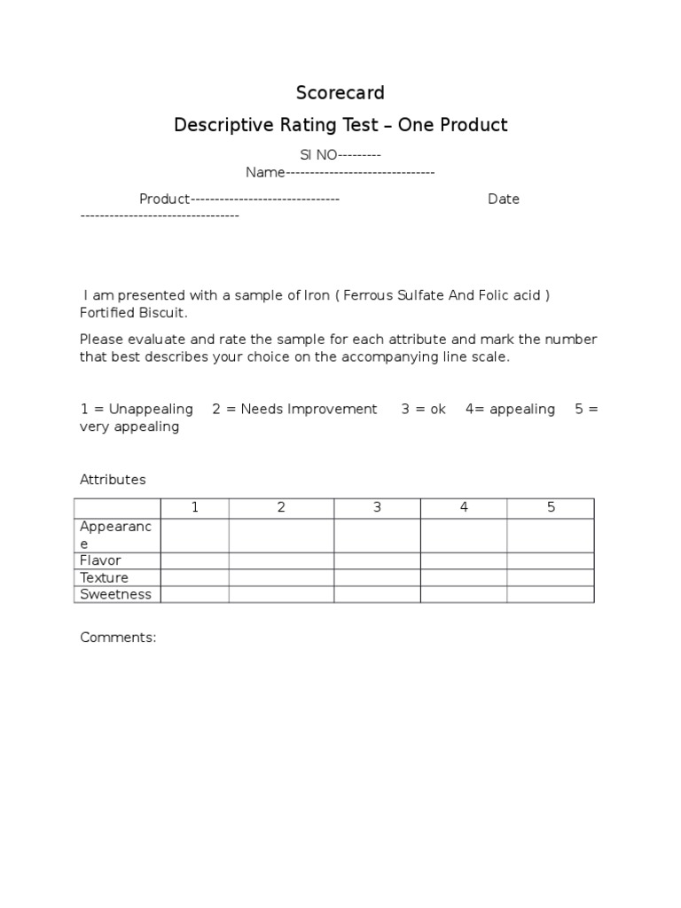 Scorecard Descriptive Rating Test - One Product | PDF