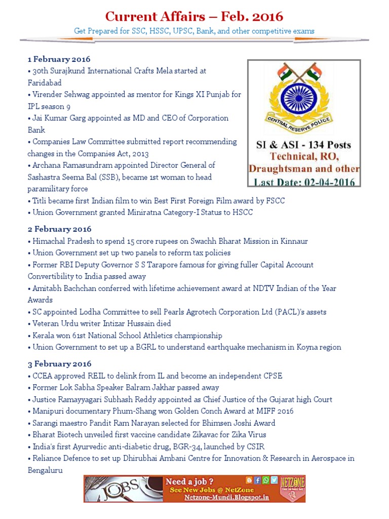February 2016 Current Affairs | PDF | Government Of India | Business
