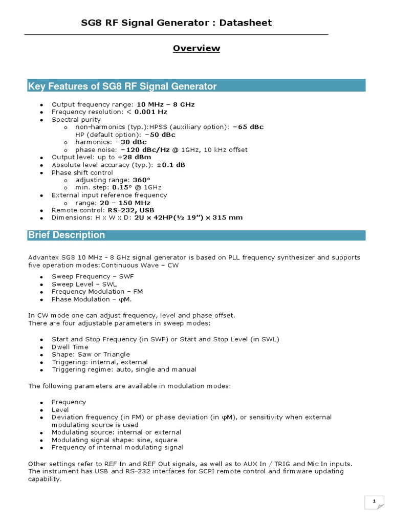 SG8 RF Signal Generator Data Sheet | PDF | Frequency Modulation | Telecommunications Engineering