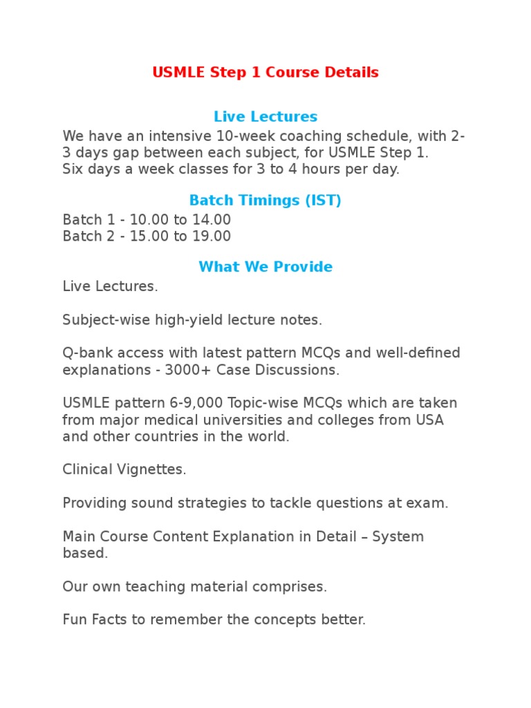 USMLE Step 1 Course Details | PDF | United States Medical Licensing ...