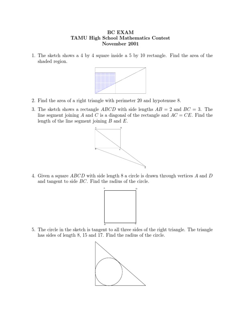 BC Exam TAMU High School Mathematics Contest November 2001 | PDF