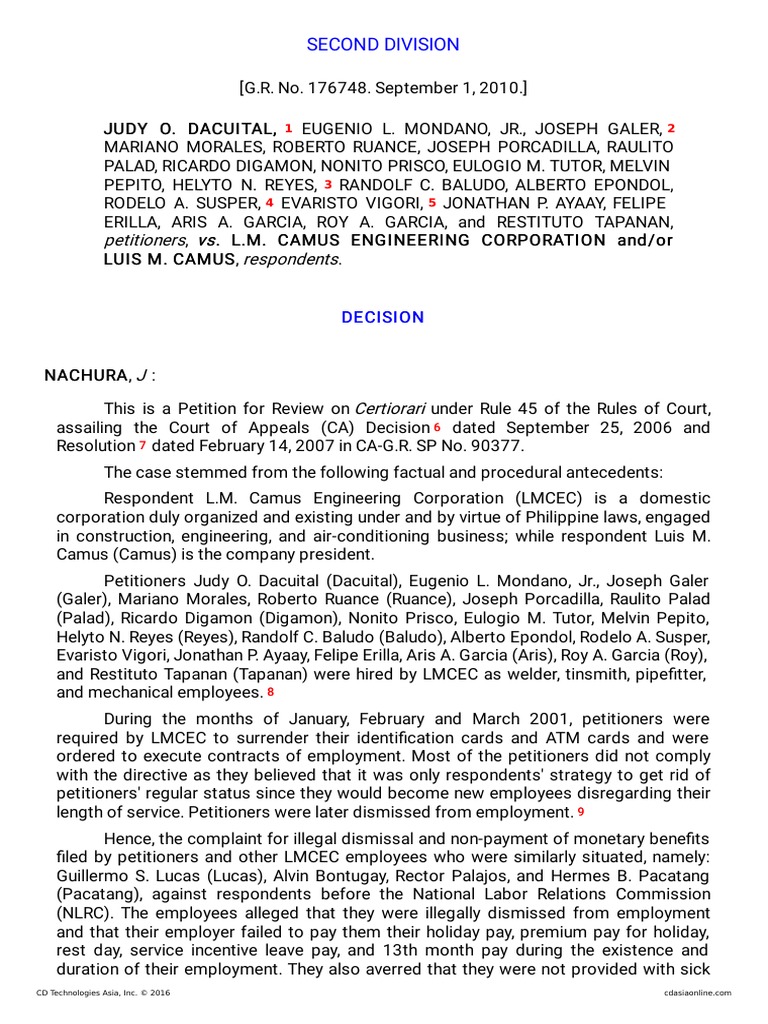 Dacuital v. L.M. Camus Engineering Corp. | PDF | Pleading | Employment