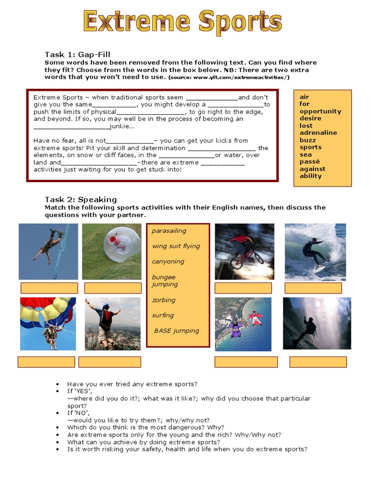 Extreme Sports Vocabulary Activities B2 Eslprintables PDF | PDF