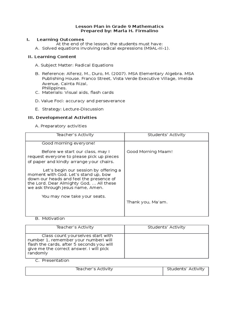Lesson Plan in Grade 9 Mathematics Radical Equation | PDF