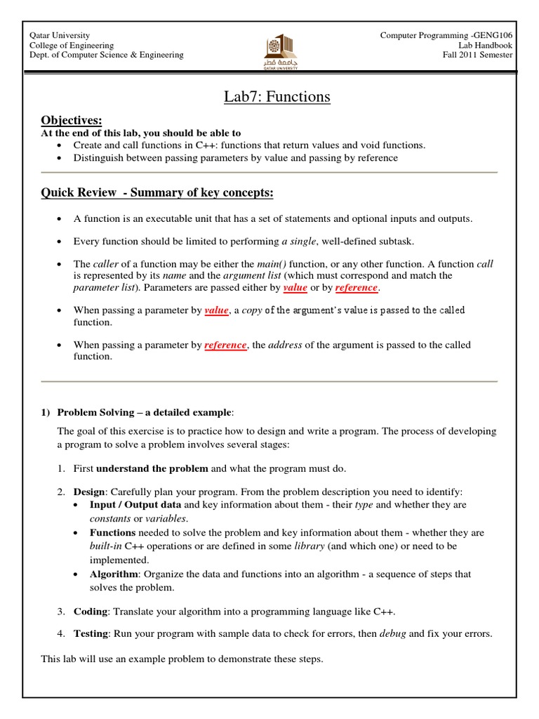 Lab7: Functions: Objectives | PDF | Parameter (Computer Programming) | Subroutine