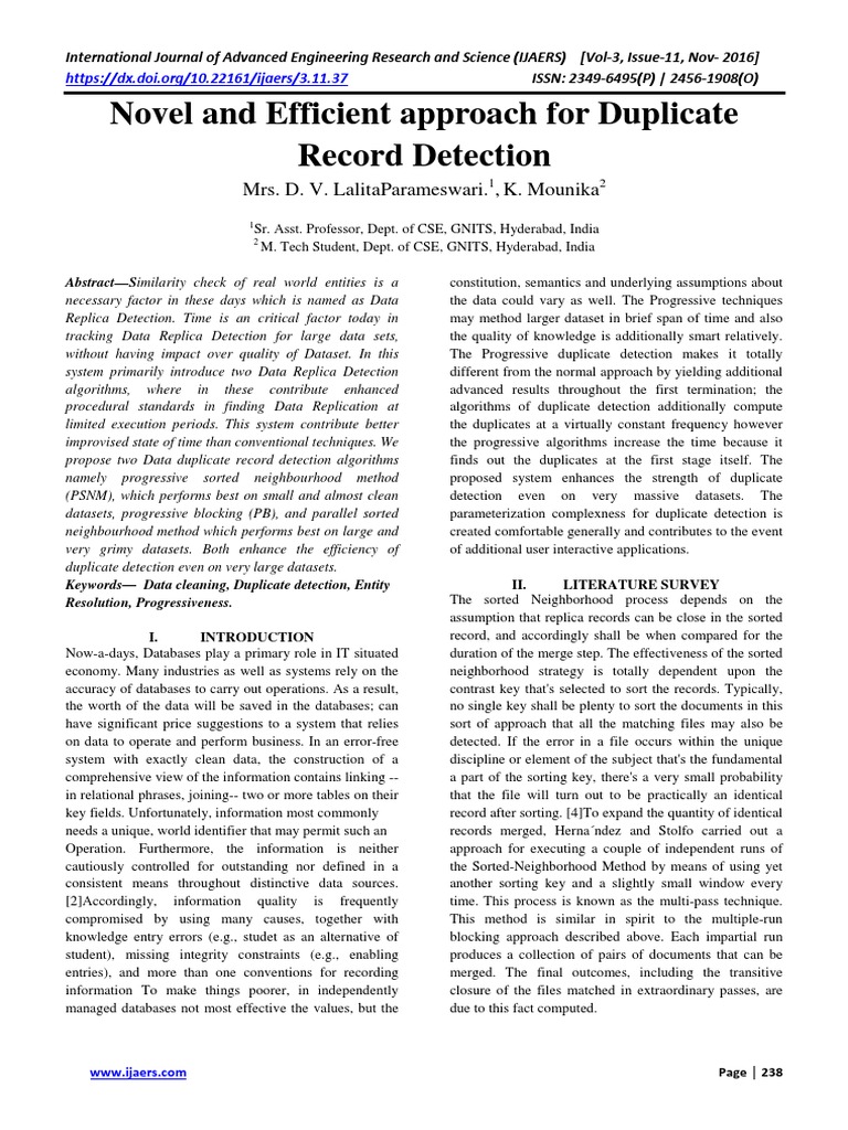 Novel And Efficient Approach For Duplicate Record Detection Pdf Parameter Computer