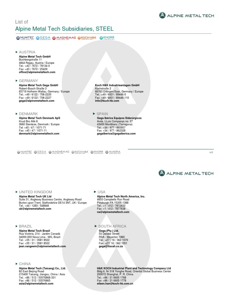 Alpine Metal Tech - List of Subsidiaries & Representatives - Steel | PDF