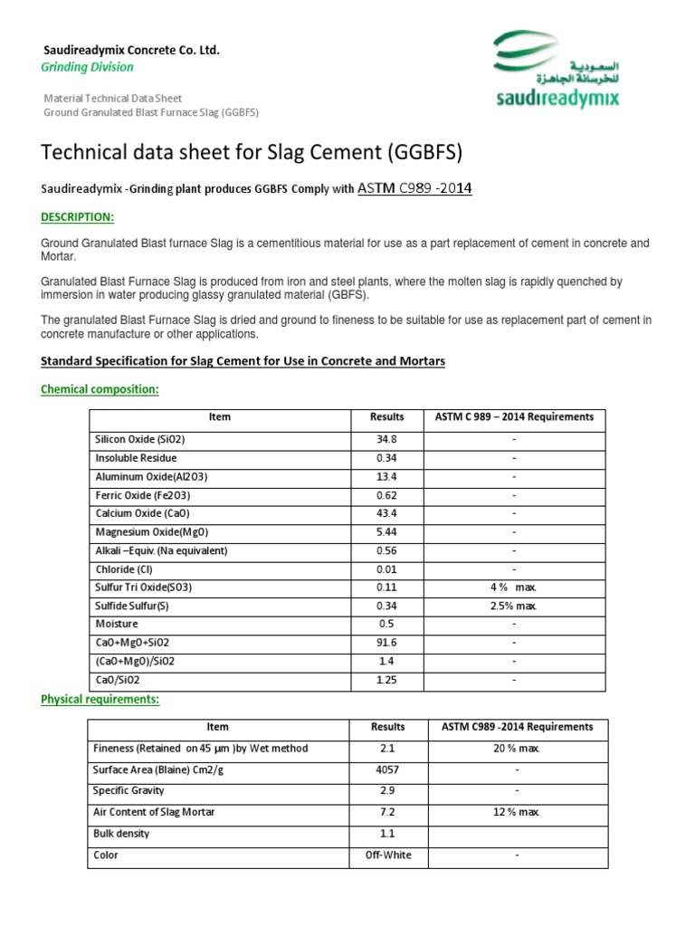Technical Data Sheet For Slag Cement (GGBFS) : ASTM C989 - 2014 | PDF ...