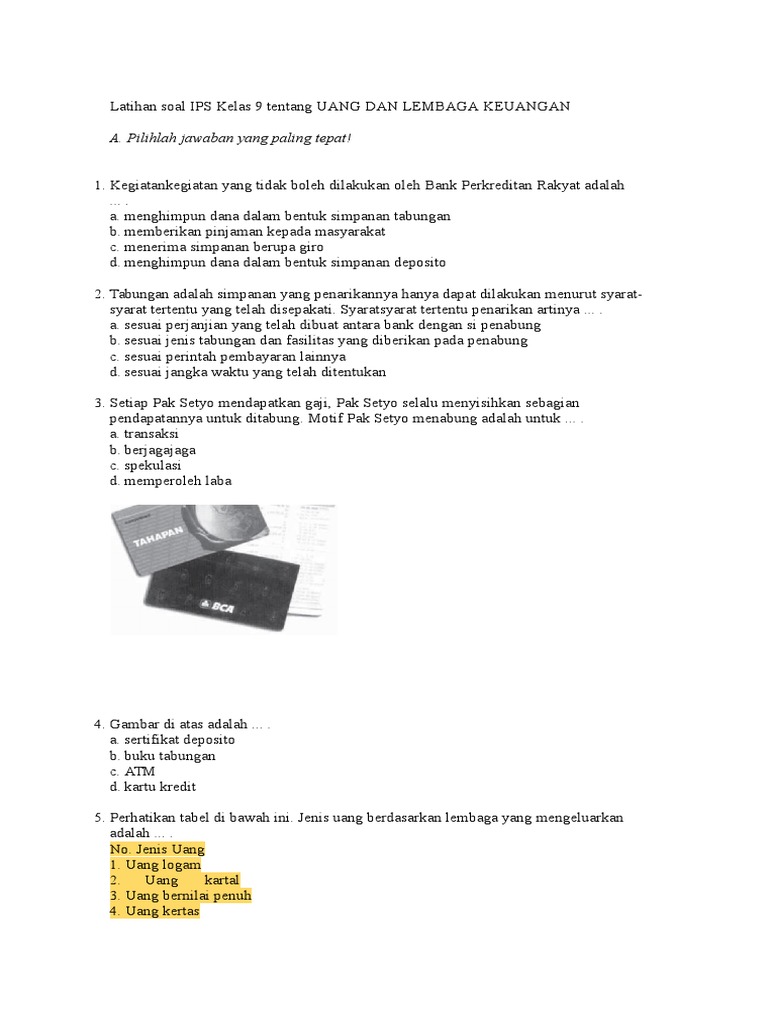 Latihan Soal Ips Kelas 9 Tentang Uang Dan Lembaga Keuangan | PDF