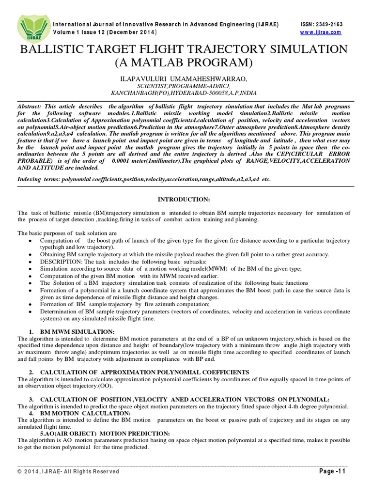 Ballistic Target Flight Trajectory Simulation (A Matlab Program) | PDF ...