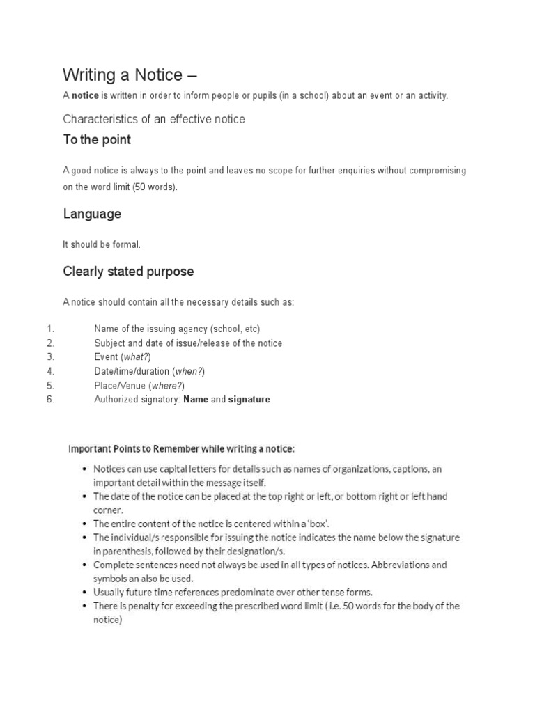Writing A Notice - : To The Point | PDF