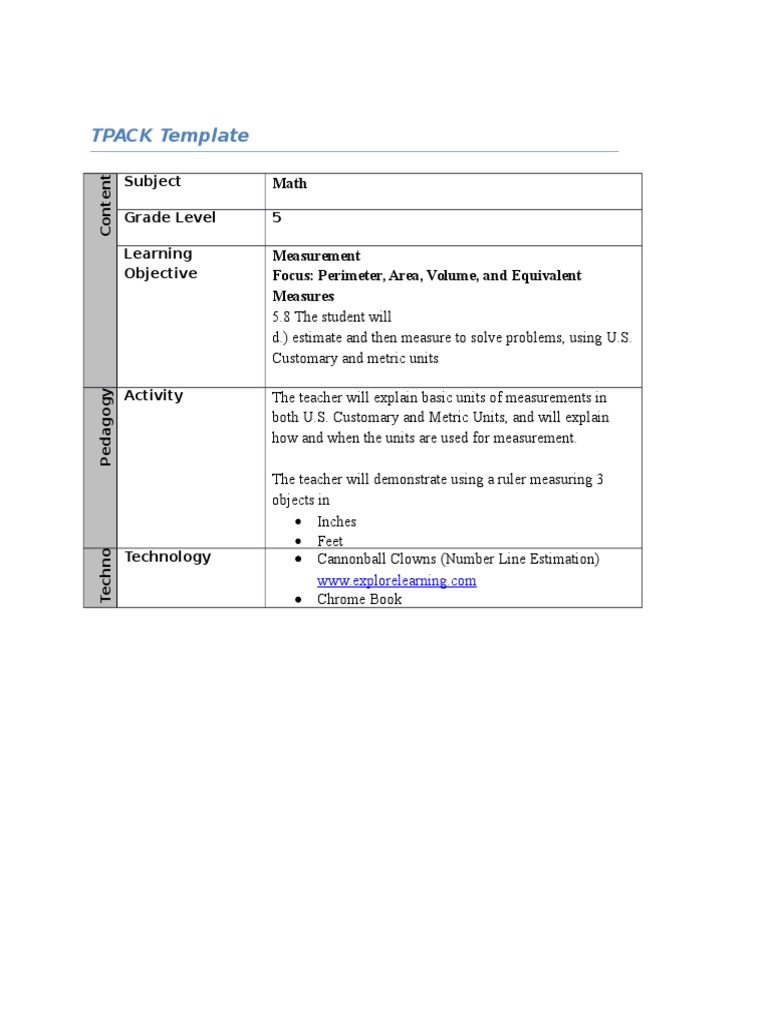 5th Grade Measurement TPACK Template | PDF