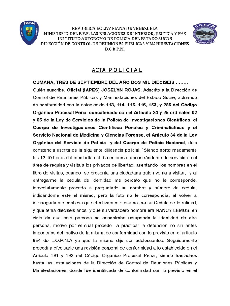 Ejemplo de Acta Policial para Una Menor | PDF | Venezuela | Policía