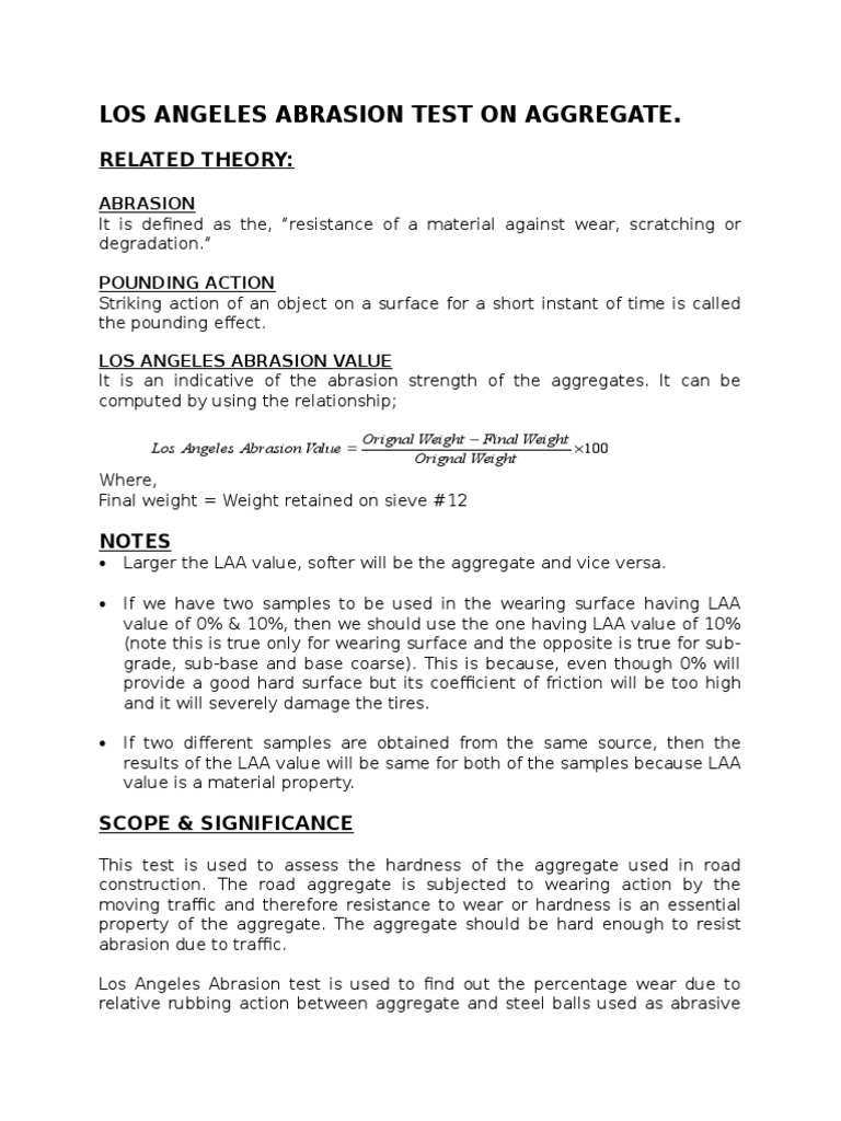 Los Angeles Abrasion Test On Aggregate.: Related Theory | PDF