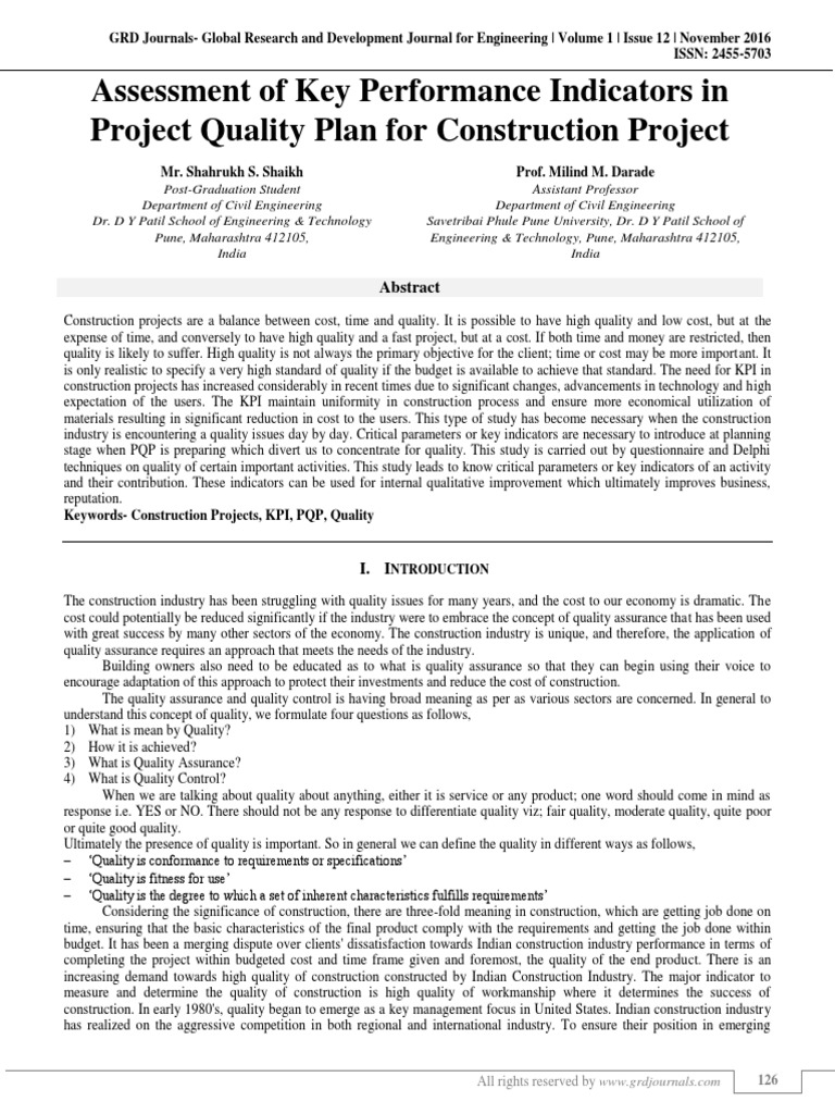Assessment of Key Performance Indicators in Project Quality Plan For ...