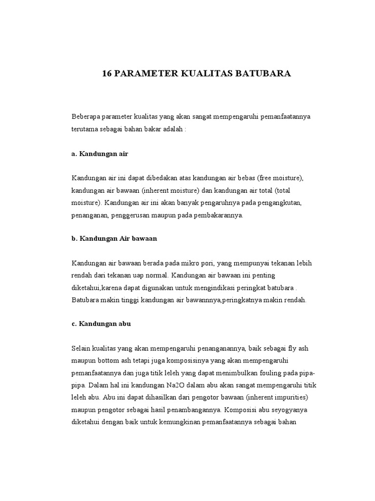 Parameter Kualitas Utama Batubara dan Pengaruhnya Terhadap Pemanfaatan | PDF